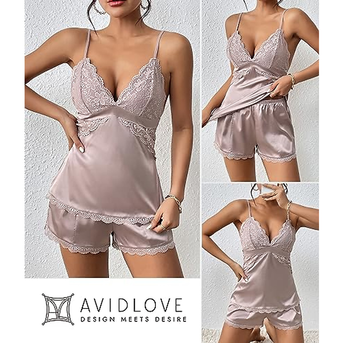 Avidlove Women Sleepwear Satin Pajamas Set Lace Camisole Shorts Nightwear (L, Champagne)
