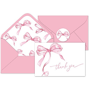 Whaline 24Pcs Pink Bow Thank You Cards with Envelopes and Stickers Watercolor Bow Greeting Cards Pink Blank Note Cards for Party Supplies