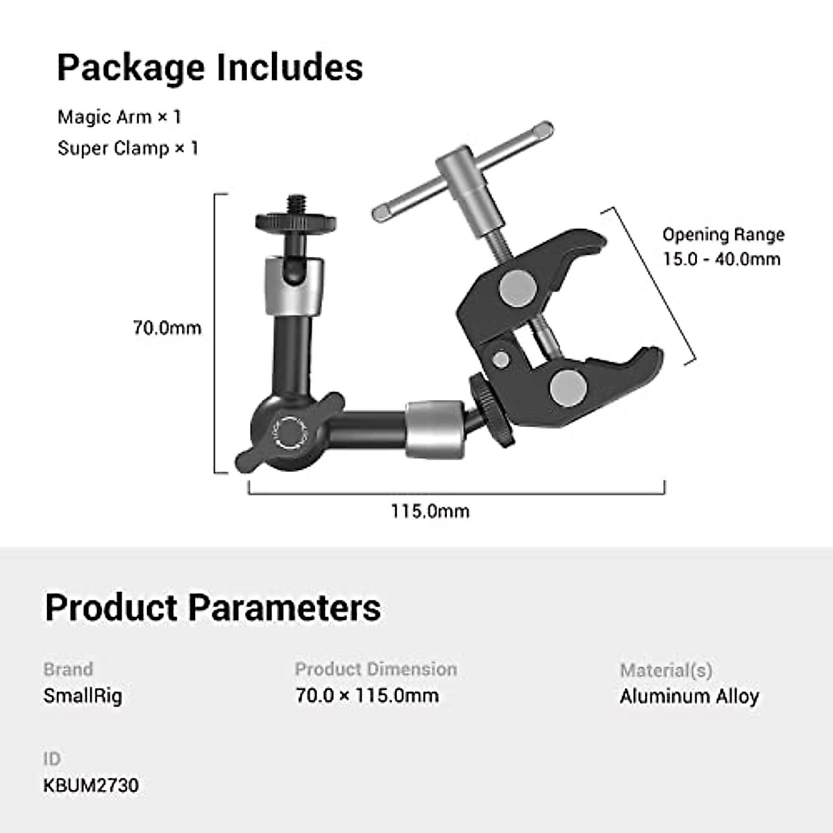 SmallRig Super Clamp w/ 1/4" and 3/8" Thread and 5.8 Inches Adjustable Friction Power Articulating Magic Arm with 1/4" Thread Screw for LCD Monitor/LED Lights - KBUM2730