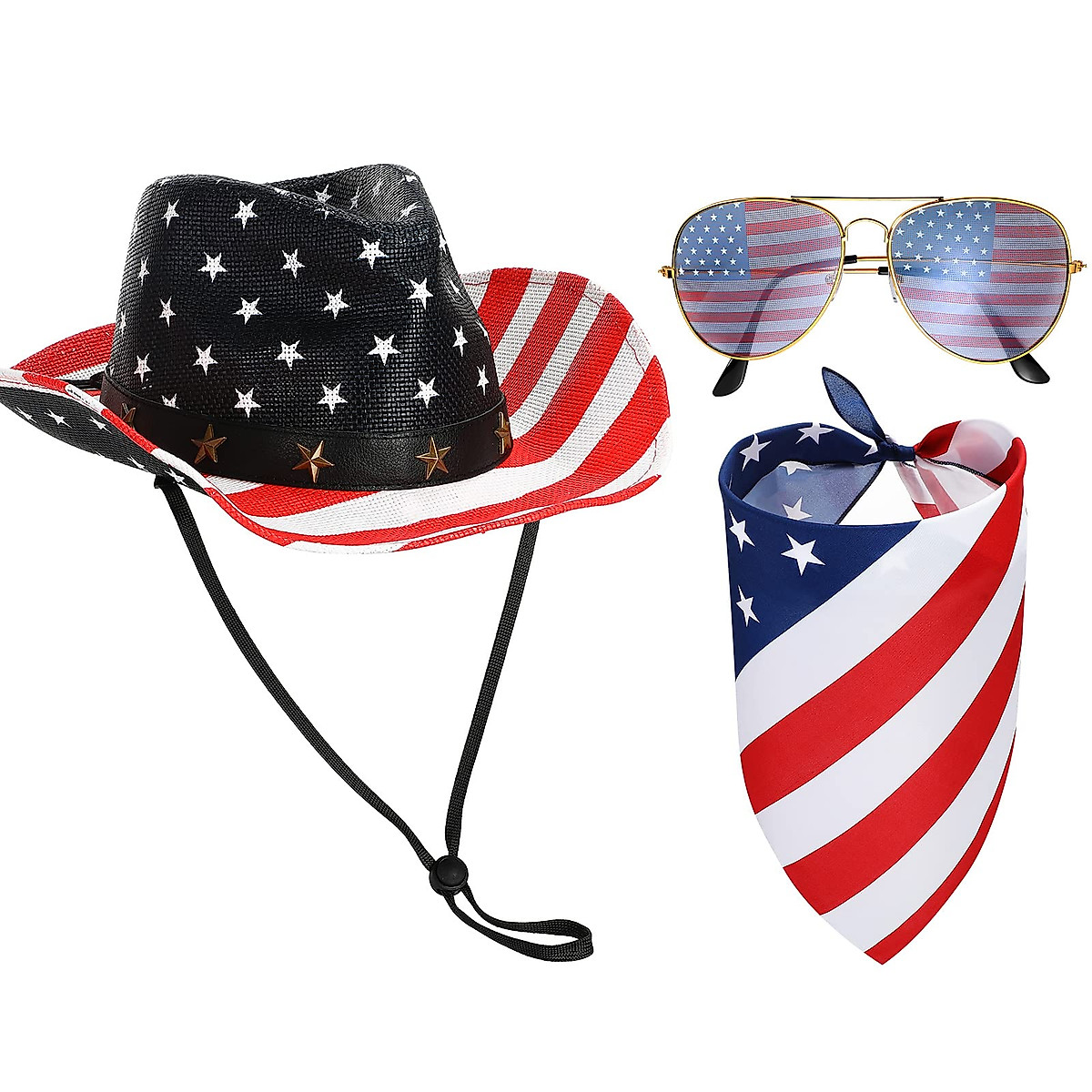 Jeere 3 Pcs American Flag Cowboy Hat with Bandana and Glasses Vintage Outdoor USA Hats with Strap Western Party Memorial Day(USA Flag)