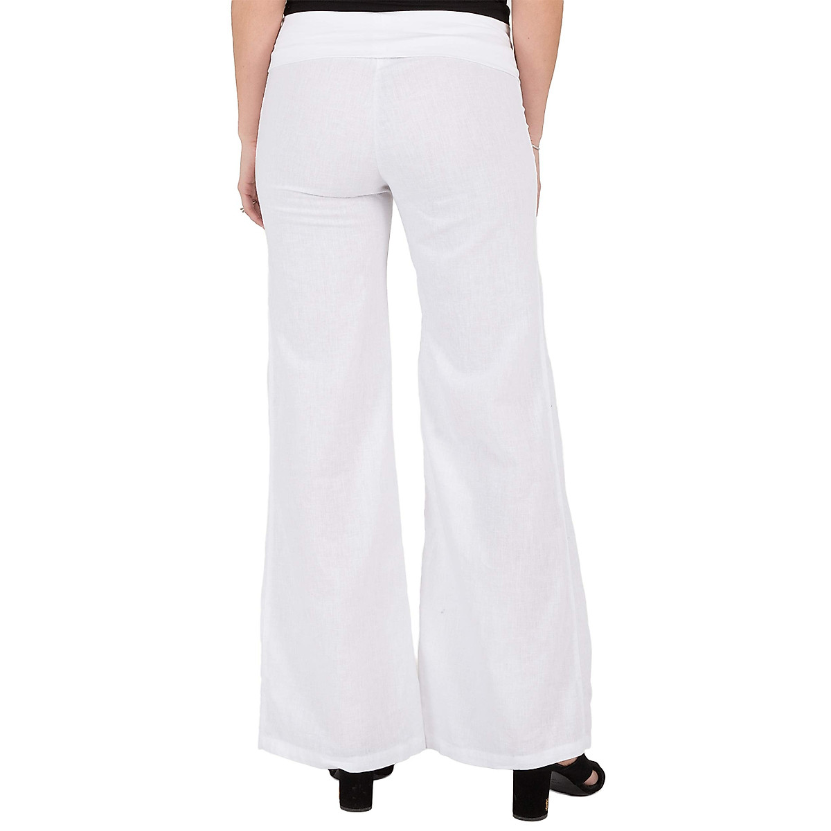Standards & Practices S & P-Women's Linen-Cotton Wide Leg-Yoga-Pants with Fold-Over Elastic Waist Size S White