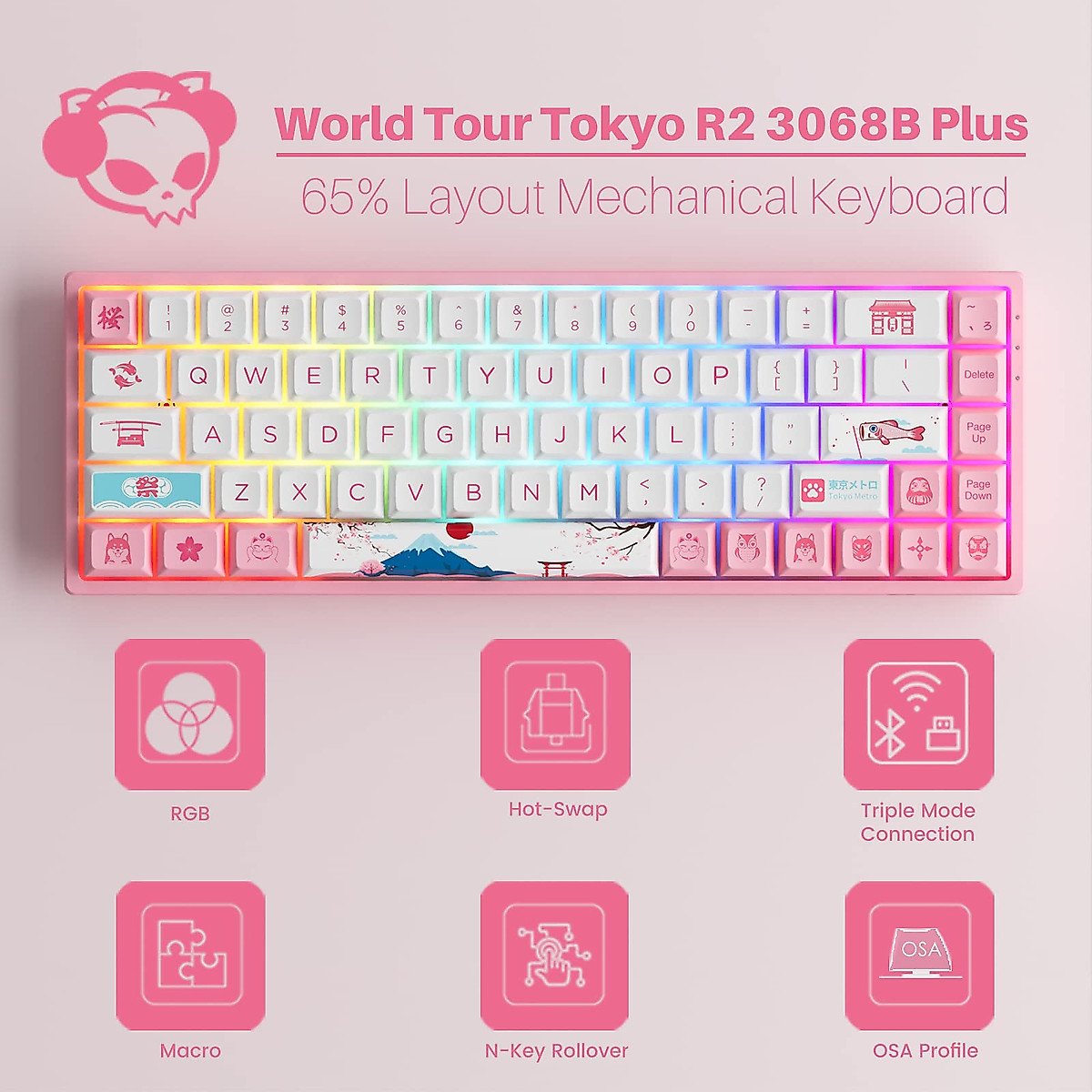 Akko 3068B Plus World Tour Tokyo R2 65% Percent 68-Key RGB Hot-swappable Mechanical Gaming Pink Keyboard, 2.4G Wireless/Bluetooth/Wired with PBT Dye-Sub Keycaps for Mac & Win Switch Jelly Pink