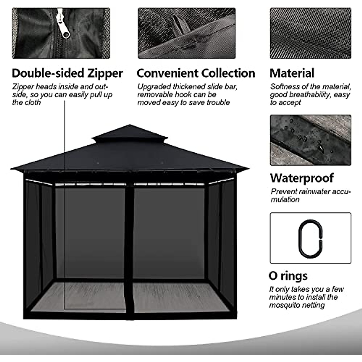 Mosquito Net for Outdoor Patio and Garden, Screen House for Camping and Deck, Zippered Mesh Sidewalls for 10x 10' Gazebo and Tent,Outdoor Gazebo Screenroom, (Black)…