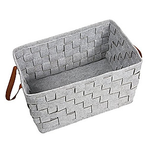 Felt Storage Baskets Organizer, Home Decoration Fabric Folding Knitted Organizers Box Cubes with Leather Handles (Rectangle-Lightgary)