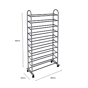 Simplify 10 Tier Mobile Shoe Rack | 40 Pairs Shoes | Free Standing | Wheels | Closet Storage | Bedroom Organization | Sneakers | Heels | Boots | Grey