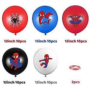 PANTIDE 50 Packs Spider Superhero Birthday Balloons, 12Inch Blue Red Black Latex Balloons Bouquet with Ribbons, Superhero Party Favors Decorations Supplies for Kids Boys Birthday Party Baby Shower