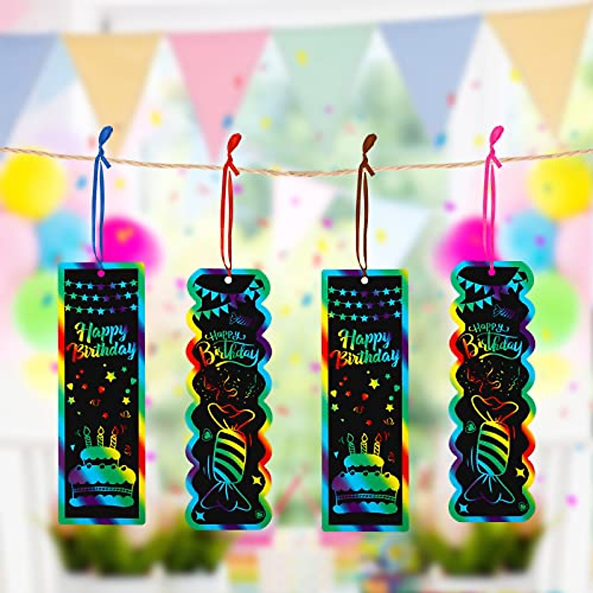 gsnma 72 Sets 4 Style Magic Scratch Rainbow Bookmarks Scratch Bookmarks Paper DIY Bookmark Crafts with 72 Pieces Colorful Ropes and 20 Pieces Wood Stick for Christmas and Birthday Party Favor