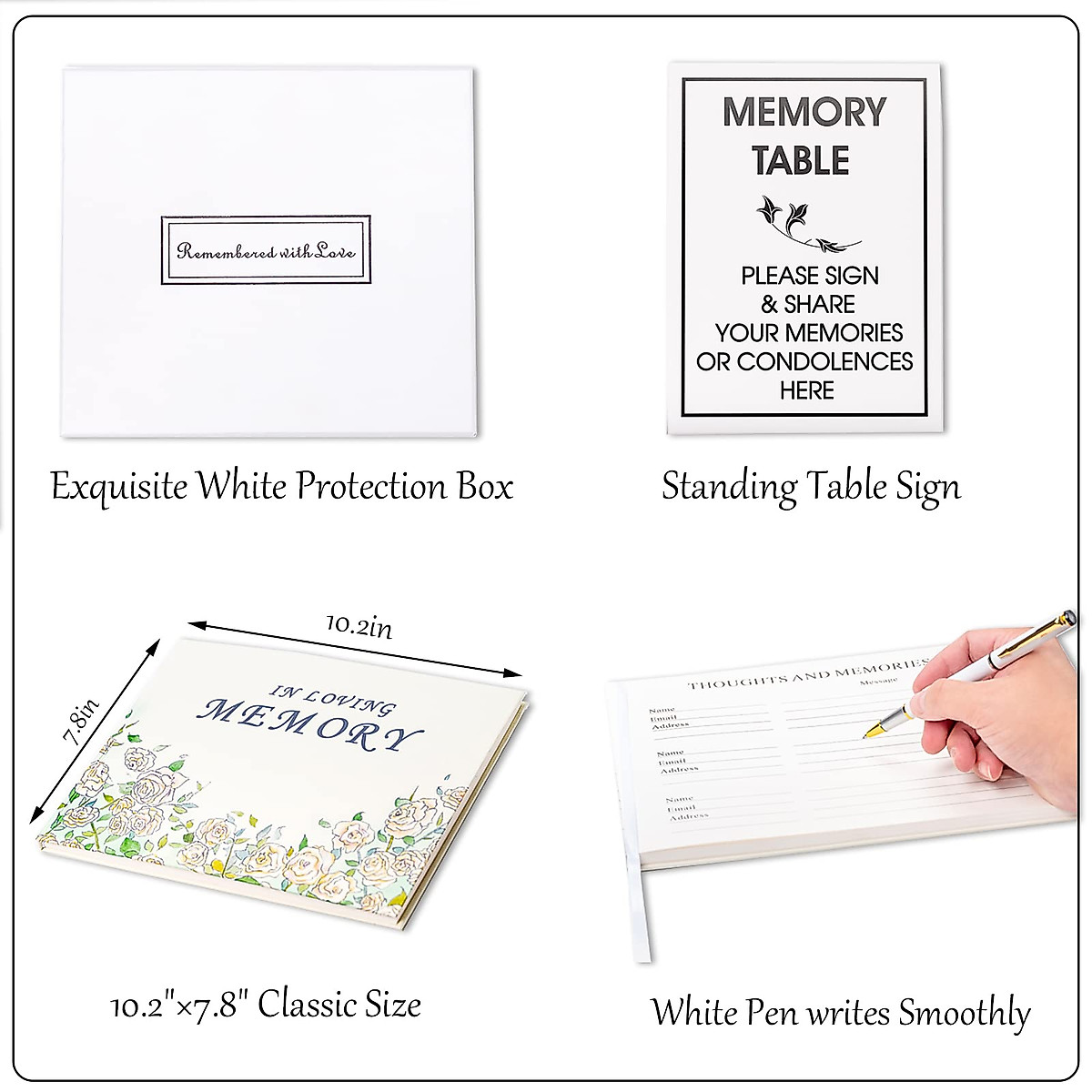 OEICYUA Funeral Guest Book - Hardcover in Loving Memory Guest Sign in Book - Elegant White Flower Decoration - with Share a Memory Table Stand - 200 Guests Entries with Name & Address.