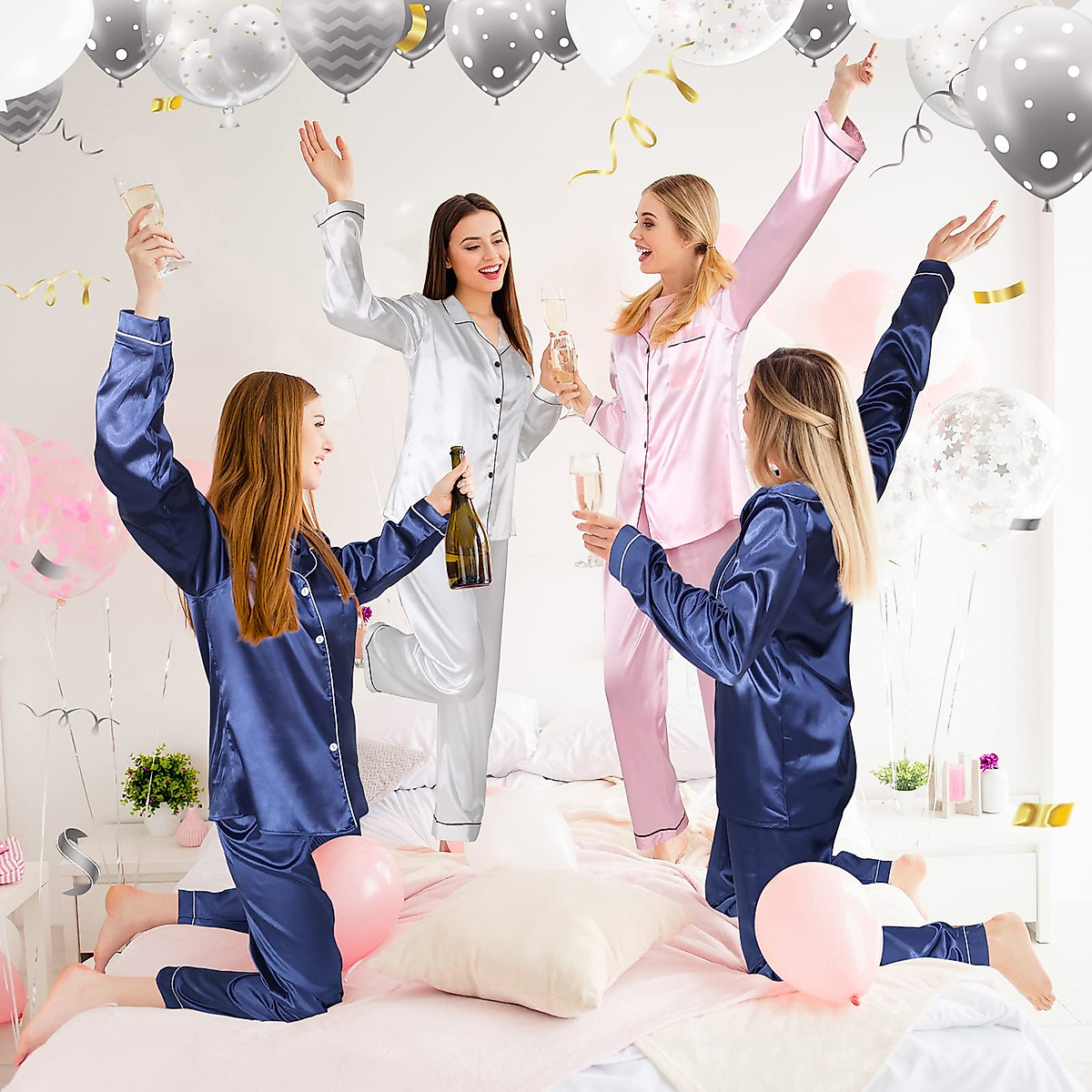 Unittype Women Silk Pajama Set Long Sleeve Silk Sleepwear Satin 2 Pcs Classic Button Down Pajamas for Bride Wedding Party (White, L)
