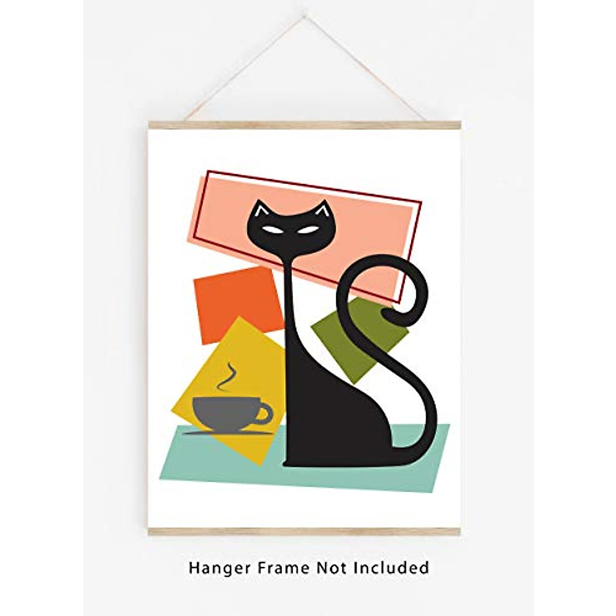 Mid Century Modern Atomic Cat & Coffee Cup Wall Art Print - 11x14 Unframed Abstract Decor. Shades of Mustard Yellow, Black, Moss Green, Pink, Orange & Aqua on White. Print No.16