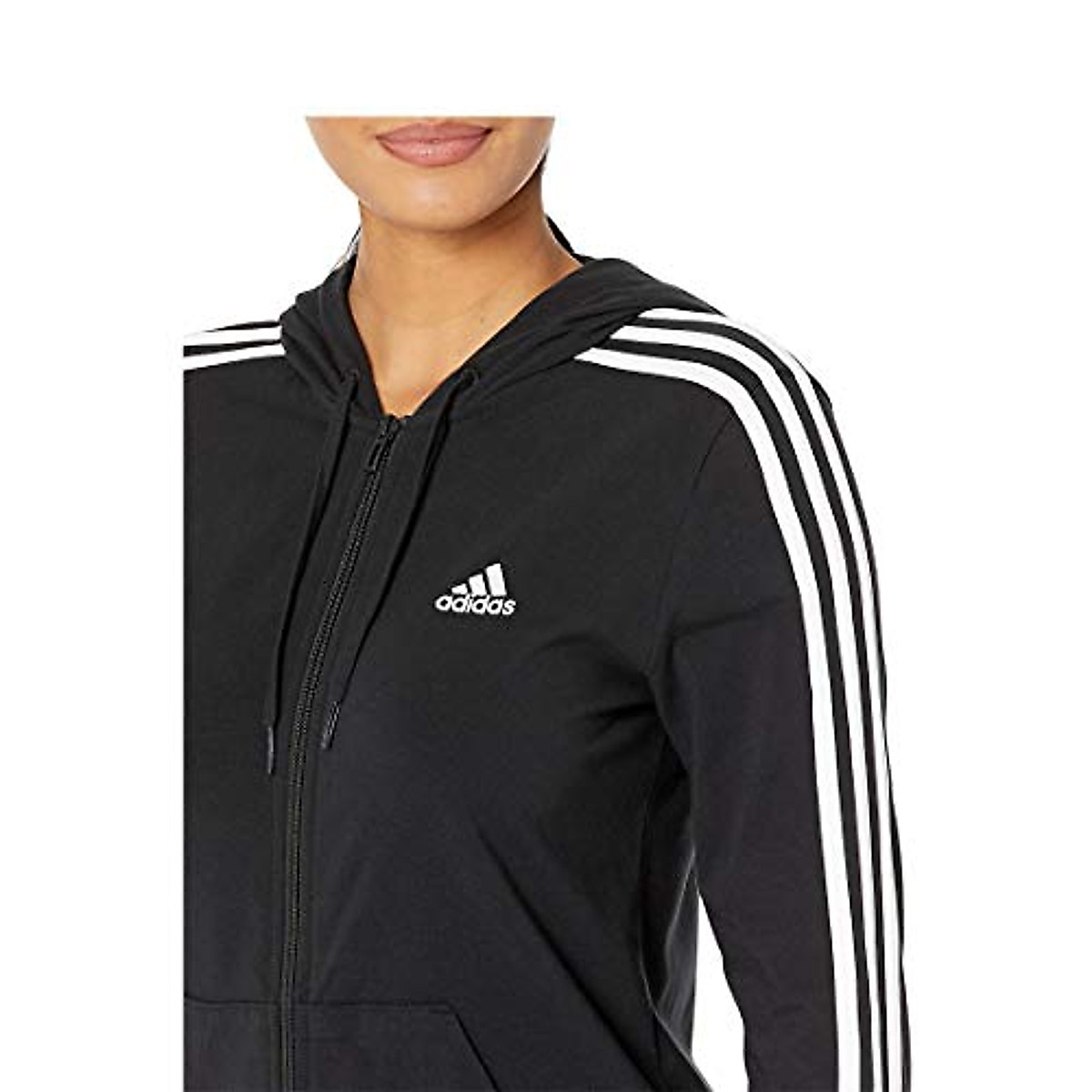 adidas Women's Essentials Single Jersey 3-Stripes Full-Zip Hoodie, Black/White, Medium