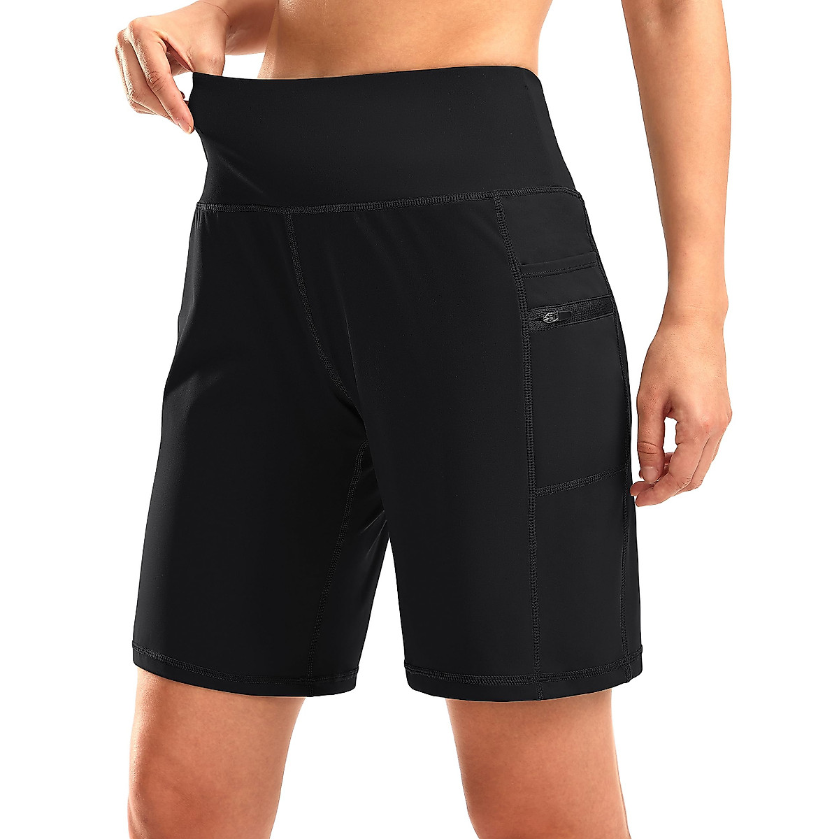 G Gradual Women's High Waisted 9" Bermuda Shorts with Zipper Pockets Athletic Workout Long Shorts for Women Knee Length(Black,XL)