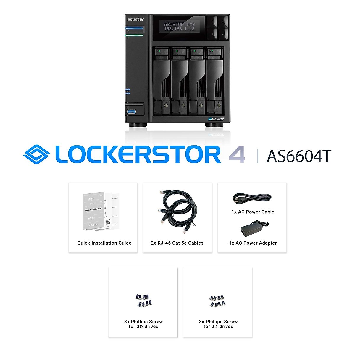 Asustor Lockerstor 4 AS6604T - 4 Bay NAS, Quad-Core 2.0GHz CPU, 2 2.5GbE Ports, 4GB RAM DDR4, 2 M.2 SSD Slots, Network Attached Storage (Diskless)