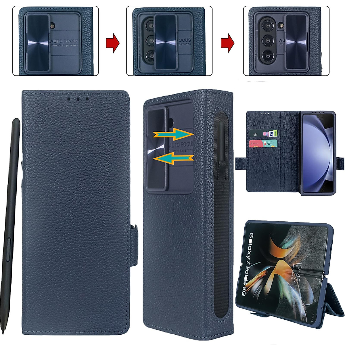 Vitodo for Galaxy Z Fold 5 Case with S Pen Holder - Genuine Leather Wallet Case Built in Slide Camera Cover, Card Slot, Kickstand, Hinge Protection Phone Cover for Samsung Galaxy Z Fold5 5G (Blue)