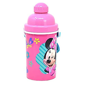 Zak Designs Disney Minnie One Touch Button Water Bottles with Reusable Built in Straw, Carrying Strap - Safe Approved BPA Free, Easy to Clean, for Kids Girls Boys, Goodies Home Travel