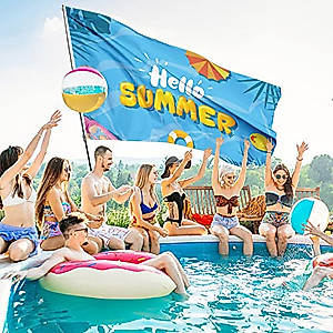 Hello Summer Flag 3x5 Ft Banner Swimming Pool Decorations Double Sided Printed Backdrop Yard Sign Tropical Party Supplies Holiday Hawaiian Duck Swim Ring Funny Poster Wall Decor with Brass Grommets for Outdoor Indoor Garden Room Door Kids House Home