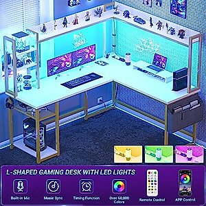 Aheaplus L Shaped Desk with Power Outlet, L Shaped Gaming Desk with Led Light & Hutch, Reversible Home Office Desk, Corner Computer Desk Writing Desk with Monitor Stand & Storage Shelf, White+Gold