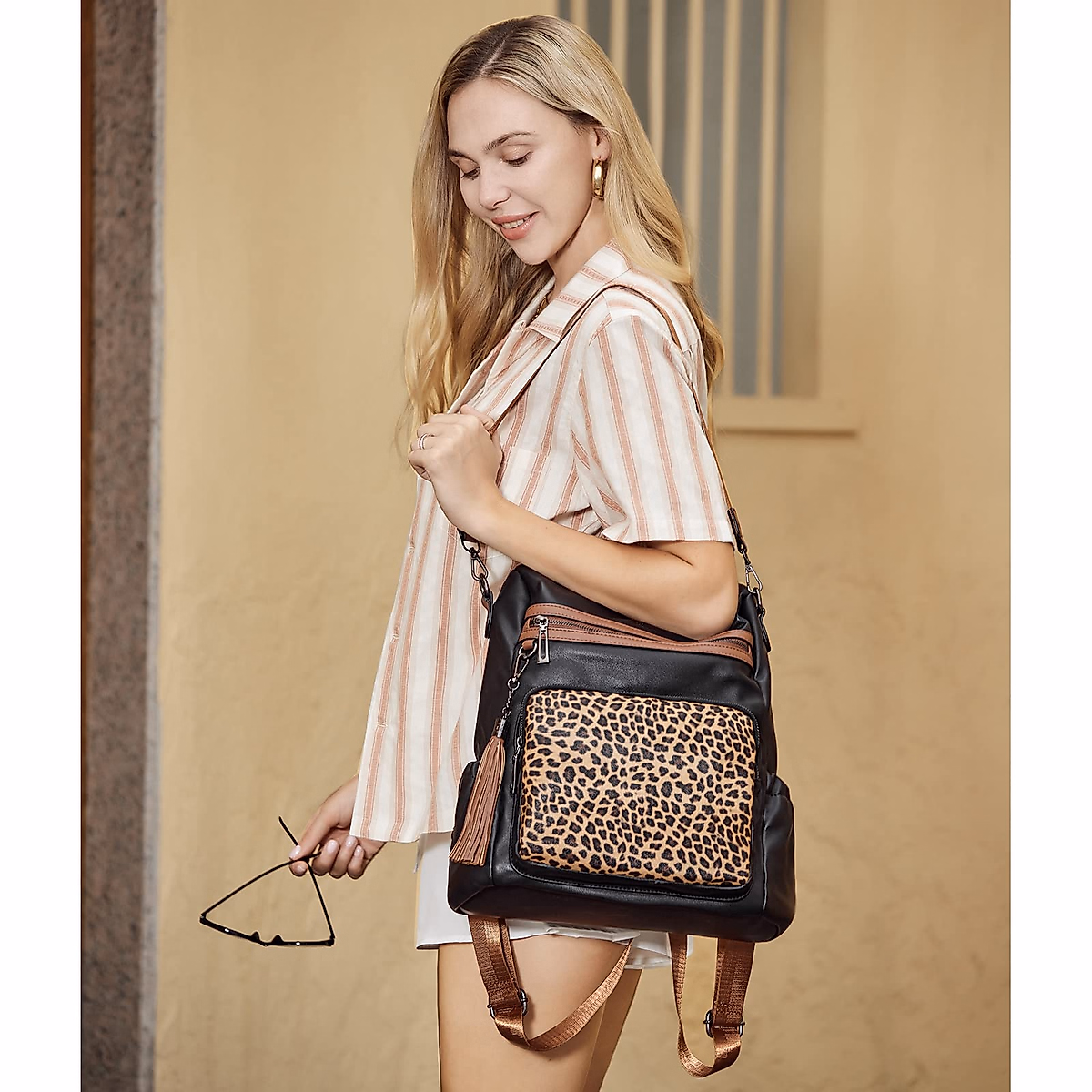 CLUCI Backpack Purse for Women Leather Fashion Travel Designer Large Ladies Shoulder Bags with Tassel Black with Leopard