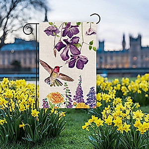 Texupday Floral Flower With Hummingbird Decoration Double Sided Burlap Garden Flag Spring Outdoor Yard Flag 12" x 18"