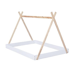 anwickjeff Full Size Tent Floor Bed with Triangle Structure, Moden Full Teepee Bed Platform Bed Frame,Wood Montessori Floor Bed for Kids Girls Boys (White+Natural)