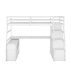 Twin Size Loft Bed with Stairs and Desk, Wood Loft Beds with Cabinet and 7 Drawers, High Loft Bed Frame with Shelves and Step for Kids, Teen, Boys, Girls, White