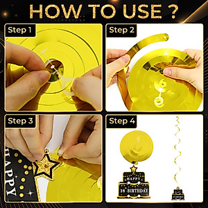 42PCS Black and Gold 18th Birthday Hanging Swirls Decorations for Boys Girls, Happy 18th Birthday Streamers Party Decorations, Vintage 2006 Eighteen Birthday Ceiling Decorations Hanging Whirls