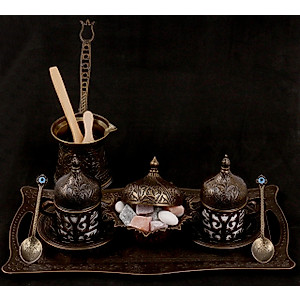 HeraCraft Antique Bronzed Color Turkish Coffee Serving Full Set - with Turkish Coffee Multi Serving Tray 6 oz Coffee Pot 2pcs Cups Lids Tray Sugar Bowl Spoons - Best Gift Set