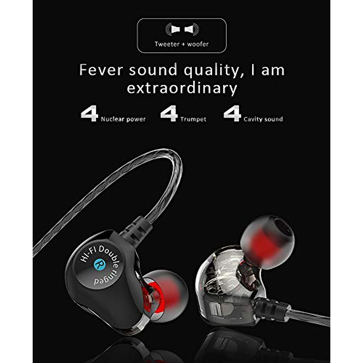 Earphones Wired in Ear Headphones Earbud High Resolution Heavy Bass with Mic,Dual Dynamic Drivers,Earbuds Compatible with iOS, Android, Laptop with 3.5mm Stereo Jack. (Black)