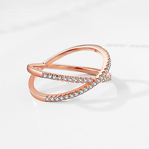 X Ring Sterling Silver, Cubic Zirconia X Criss Cross Ring for Women, (rose-gold-plated-silver, 6)