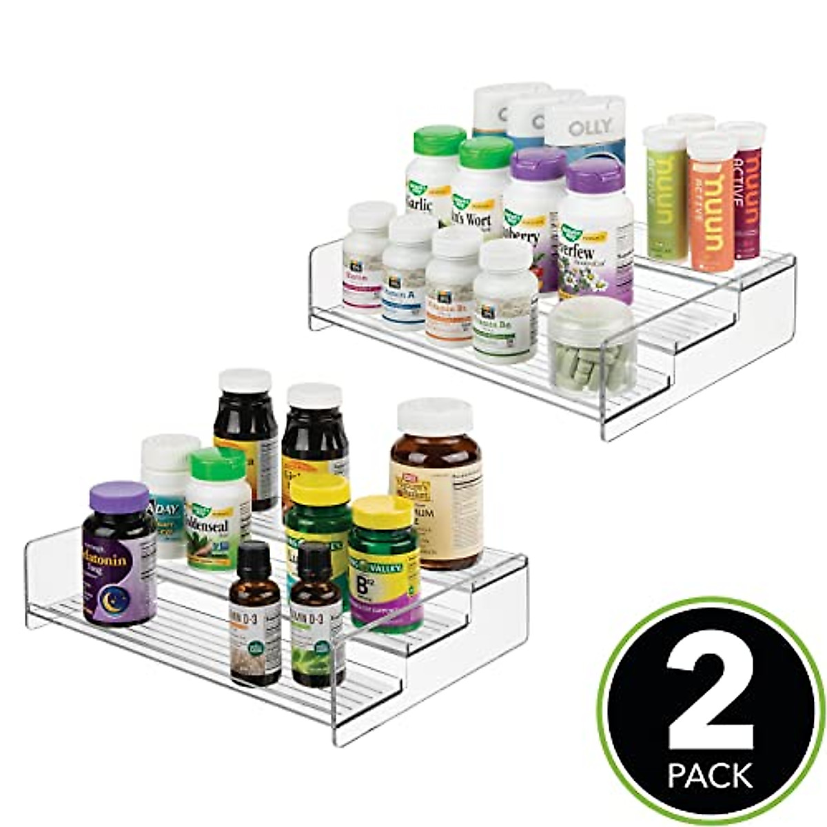 mDesign 3 Tier Bathroom Organizer Shelf - Storage Rack for Vitamins, Supplements - Versatile Compact Space Saving Holder for Countertops, Cabinets, Shelves - Ligne Collection - 2 Pack - Clear
