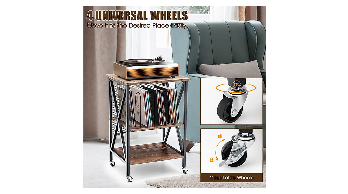 GOFLAME 3-Tier Record Player Stand with Lockable Wheels - Brown