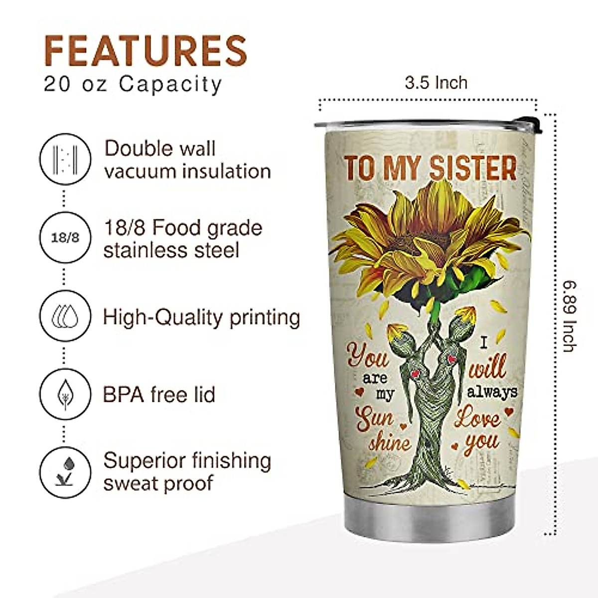 Sister Sunshine 20oz Stainless Steel Tumbler - Sisters Gifts from Sister - Birthday Gifts for Sister, Sister Christmas Gifts, Valentines Day Gifts for Sister