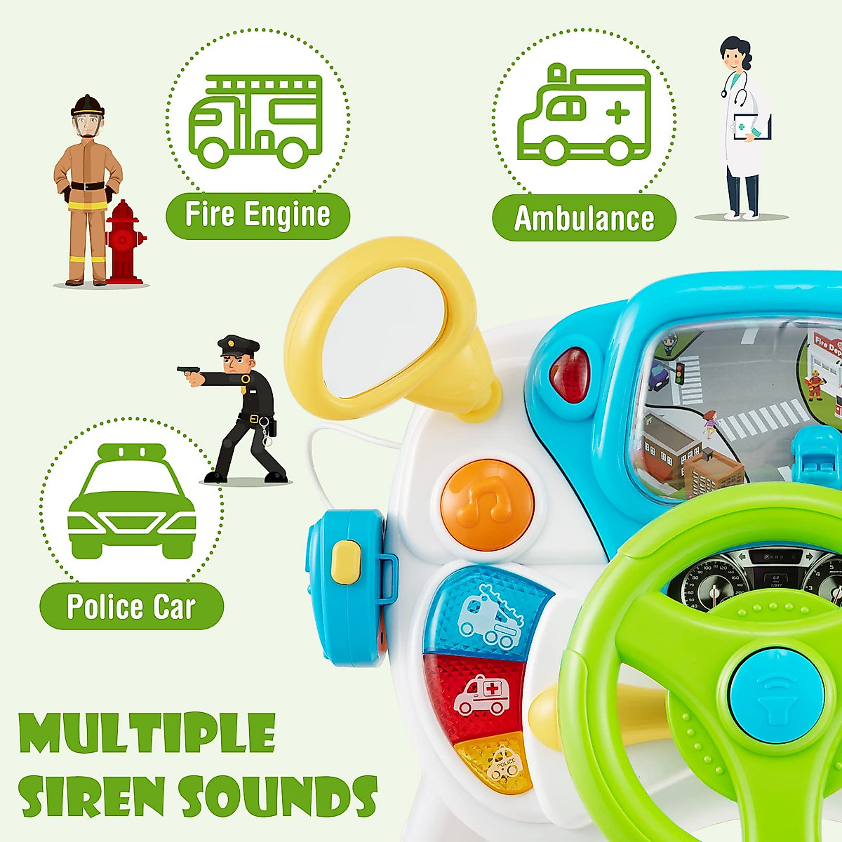 Costzon Steering Wheel Toy, Pretend Play Driving Simulated Toy w/Light and Music, Cyclic Rotary Scene, Siren Sounds, Walkie-Talkie, Stool, Interactive Learning Educational Toy for Toddler Boys Girls