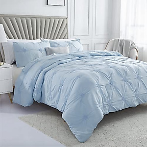 Swift Home Bedding Comforter Sets, Luxury and Lightweight 3-Piece Ruched 3D Floral Pintuck Comforter Sets, Machine Washable - Baby Blue, Full/Queen
