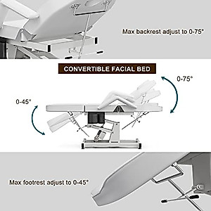 Paddie Electric Height Adjustable Tattoo Spa Bed Chair, Electric Lift Massage Table 3-Section Folding with Storage Pocket for Client/Esthetician/Artist, White