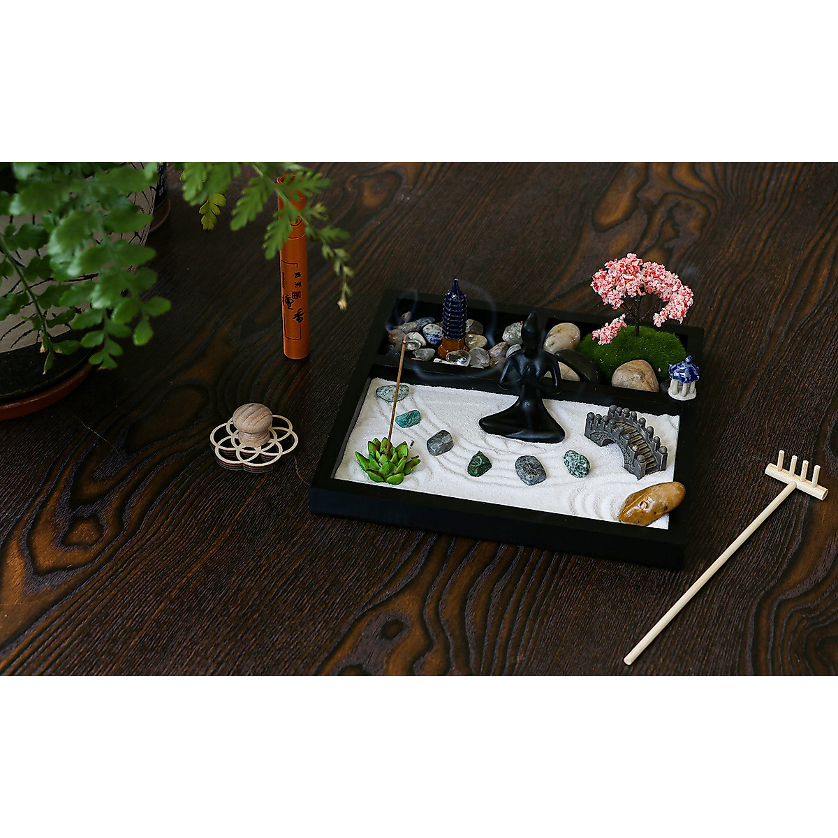 Desktop Meditation Yoga Zen Garden Kit Japanese Tabletop Rock Sand Chakra Shrine Altar Japanese Zen Decor Home Office Desk Zen Gifts for Women Man Birthday w/Rake Tool Accessories Bonsai