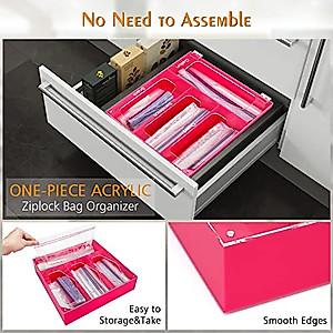 Ziplock Bag Storage Organizer for Kitchen Drawer, Acrylic Ziplock Food Sandwich Storage Baggie Organizer, Plastic Bag Holder Organizer and Dispenser for Gallon, Quart, Sandwich and Snack Bag,Rose Red