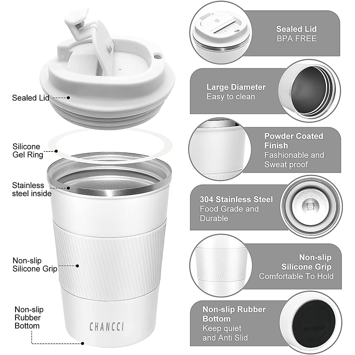 Travel Coffee Mug Spill Proof Leakproof 12 oz Insulated Coffee Mug with Screw Lid, Stainless Steel Vacuum Tumbler Reusable Thermal Coffee Cup to go for Hot and Cold Drinks -380ml, White