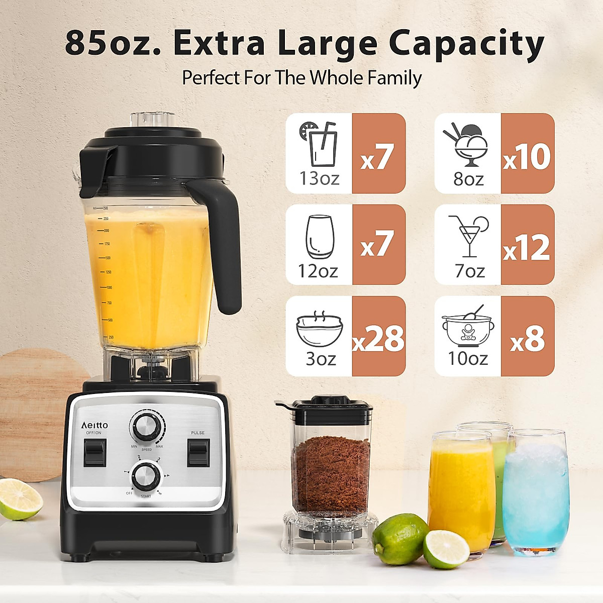 Aeitto Blender, Blenders for Kitchen with 1800W Motor, 85 Oz. Large Capacity, 2-in-1 Blender & Grinder Combo, BPA-Free Countertop Professional Blender for Smoothies, Ice Crush, Frozen Drinks, Silver