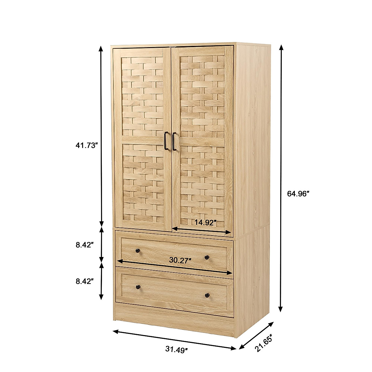 QEIUZON Wardrobe Closet, Freestanding Closet Wardrobe Cabinet with Wide Drawers & Hanging Rod, Armoire for Bedroom, Kids' Room, Dorm (Natural)