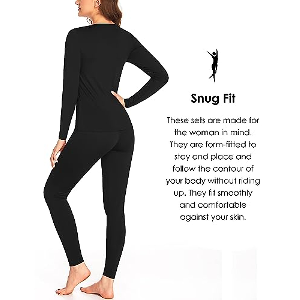 Ekouaer Women's Thermal Underwear Sets Micro Fleece Lined Long Johns Base Layer Thermals 2 Pieces Set Black M