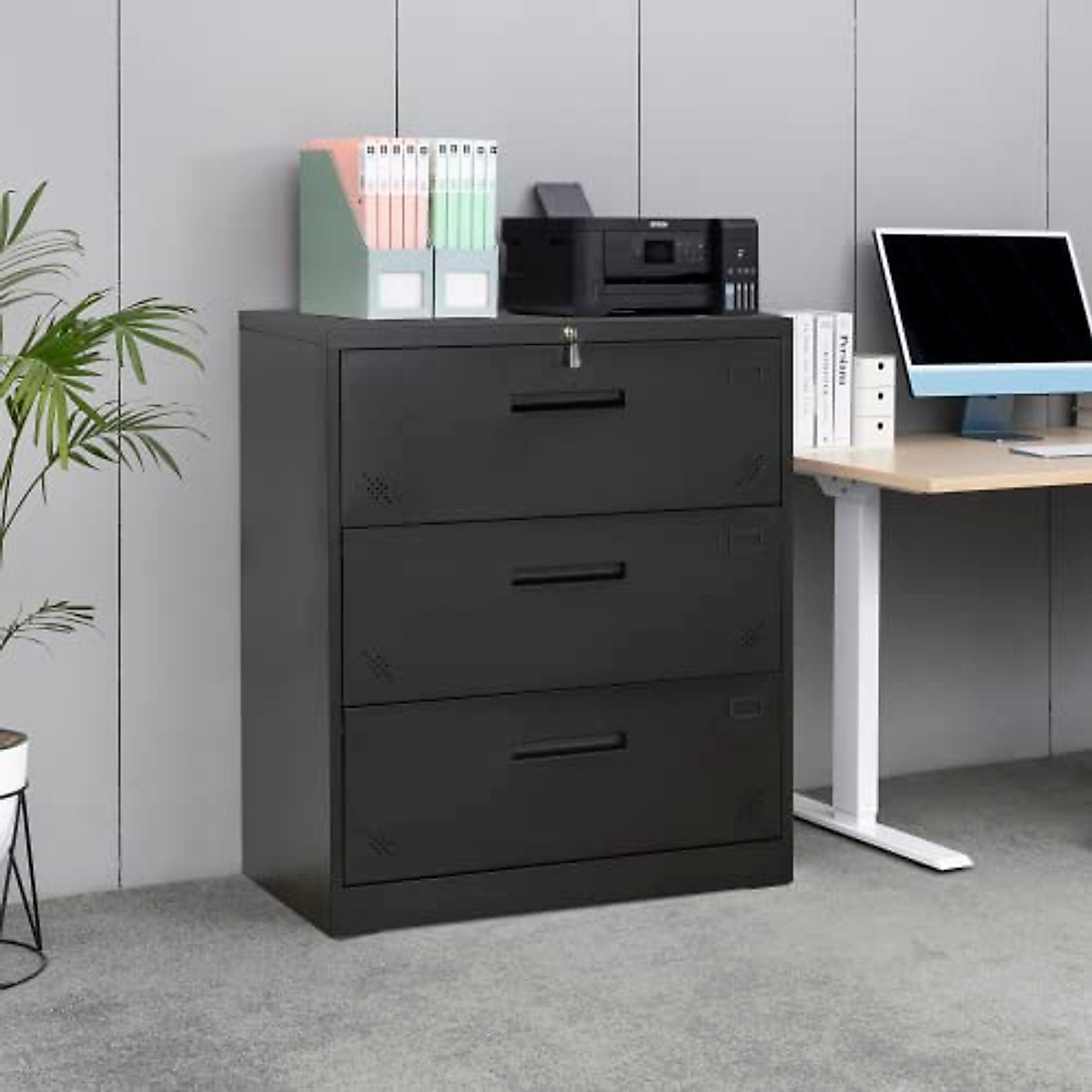 Lateral File Cabinet with Lock, 3 Drawer Lateral Filing Cabinet for Legal/Letter A4 Size, Locking Wide File Cabinet for Home Office, Metal Steel (Black, 3 Drawer)