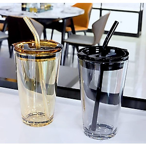 RYUHYF Straw cup, coffee cup, glass with straw and lid, double drink cup, milk cup, tea cup, ice coffee cup, car cup,set of 1 (16oz, Amber)