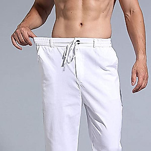 AITFINEISM Men's Casual Linen Pants Elastic Waist Summer Beach Loose Fit Trousers (32-34, A-White)