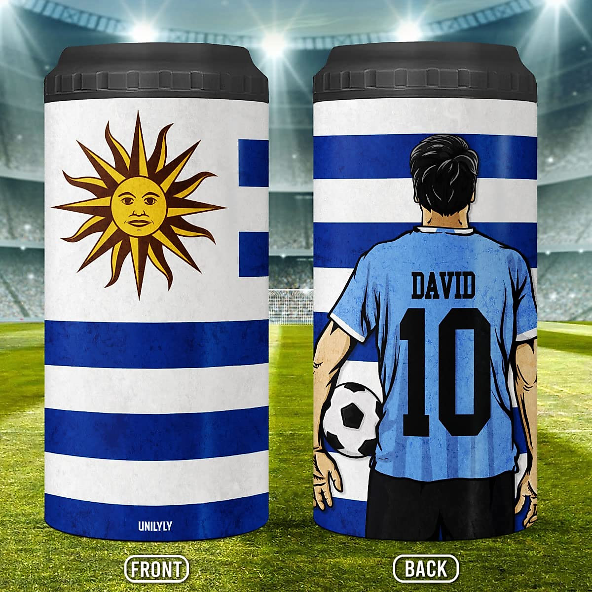 UNILYLY Personalized Uruguay Soccer Can Cooler Stainless Steel Custom Name Thermal Cup Boys National Sports Team Gifts For Fan Slim Cans Beer Bottle Holder Insulated Drink Tumbler