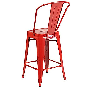 EMMA + OLIVER Commercial Grade 24" H Red Metal Indoor-Outdoor Counter Height Stool w/ Back