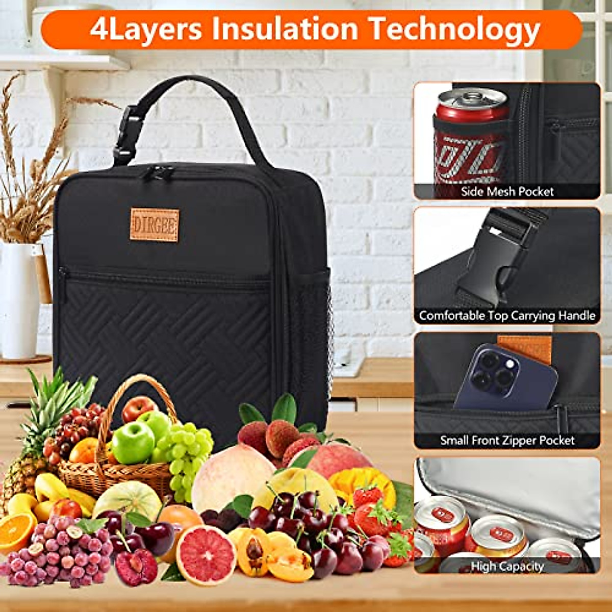 DIRGEE Lunch Box for Men Insulated Lunch Bag for Women Adults Small Lunch Bag for Office Work Lunch Bag For Men - Leakproof Freezable Cooler Bag Reusable Portable Lunch Box (Black)