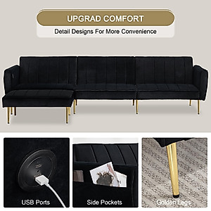 TTGIEET 105" Velvet Sofa Couch with Chaise, L Shape Futon Sofa Couch with USB, 4-Seat Sleeper Sofa Bed for Living Room (Black)