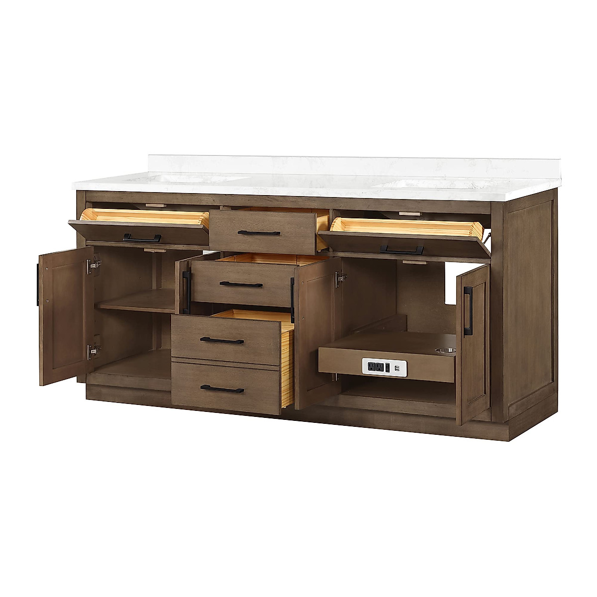 OVE Decors Maya Plus 72 in. Double Sink Bathroom Vanity in Almond Latte Finish, Black Hardware and Included Power Bar