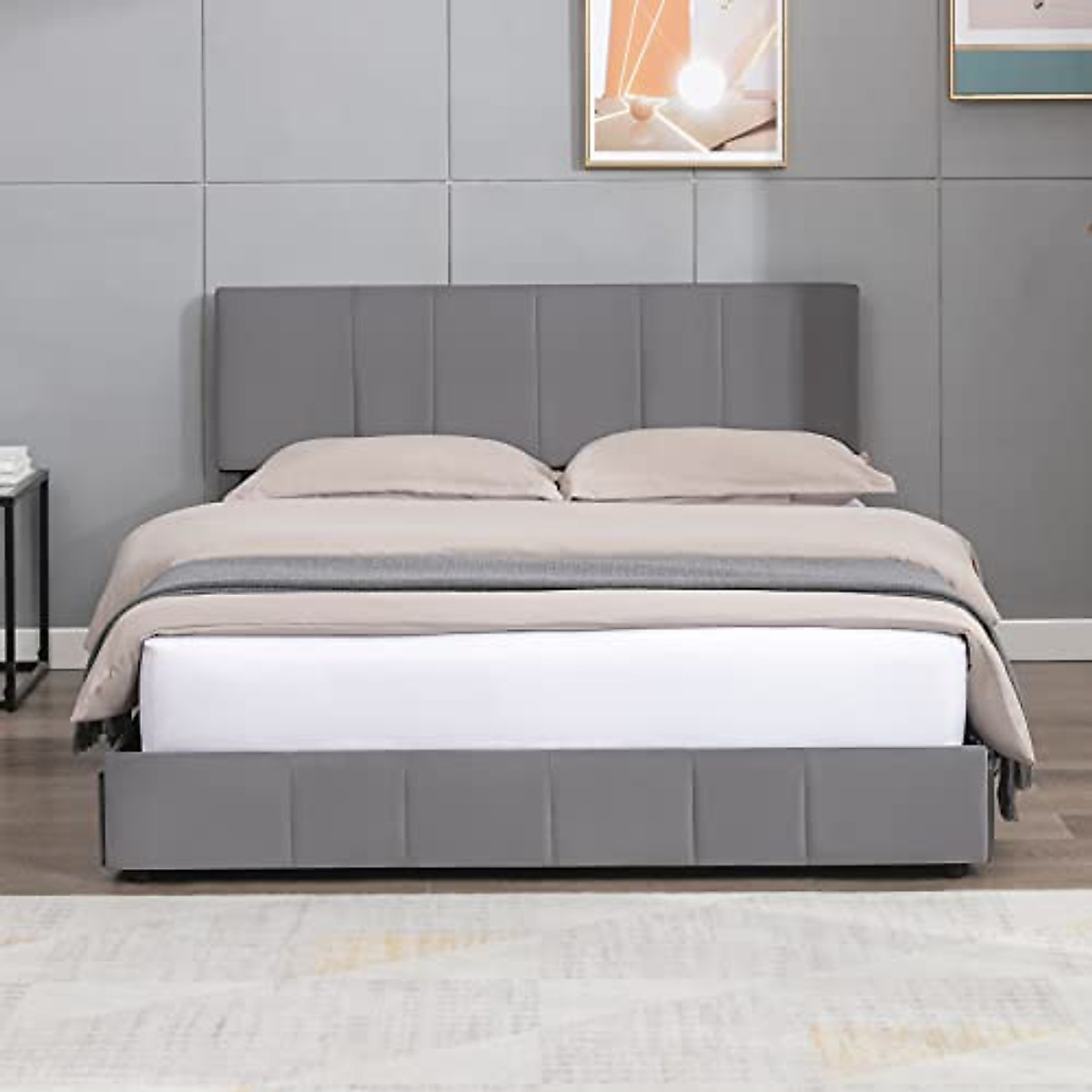 Mjkone California King Platform Bed Frame with 4 Storage Drawers, Upholstered Modern Velvet Bed Frame with Adjustable Headboard, Wooden Strips Design/No Box Spring Needed/Easy Assembly (Dark Grey)